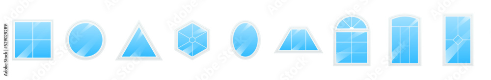 Shiny glass window icon set. Symbol of white plastic window pane with ...