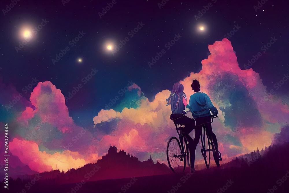 couple in love riding on bicycle against night sky Digital Artwork ...