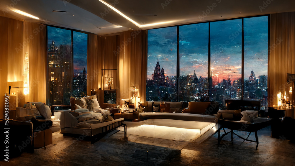 Concept art illustration of apartment living room interior in New York ...