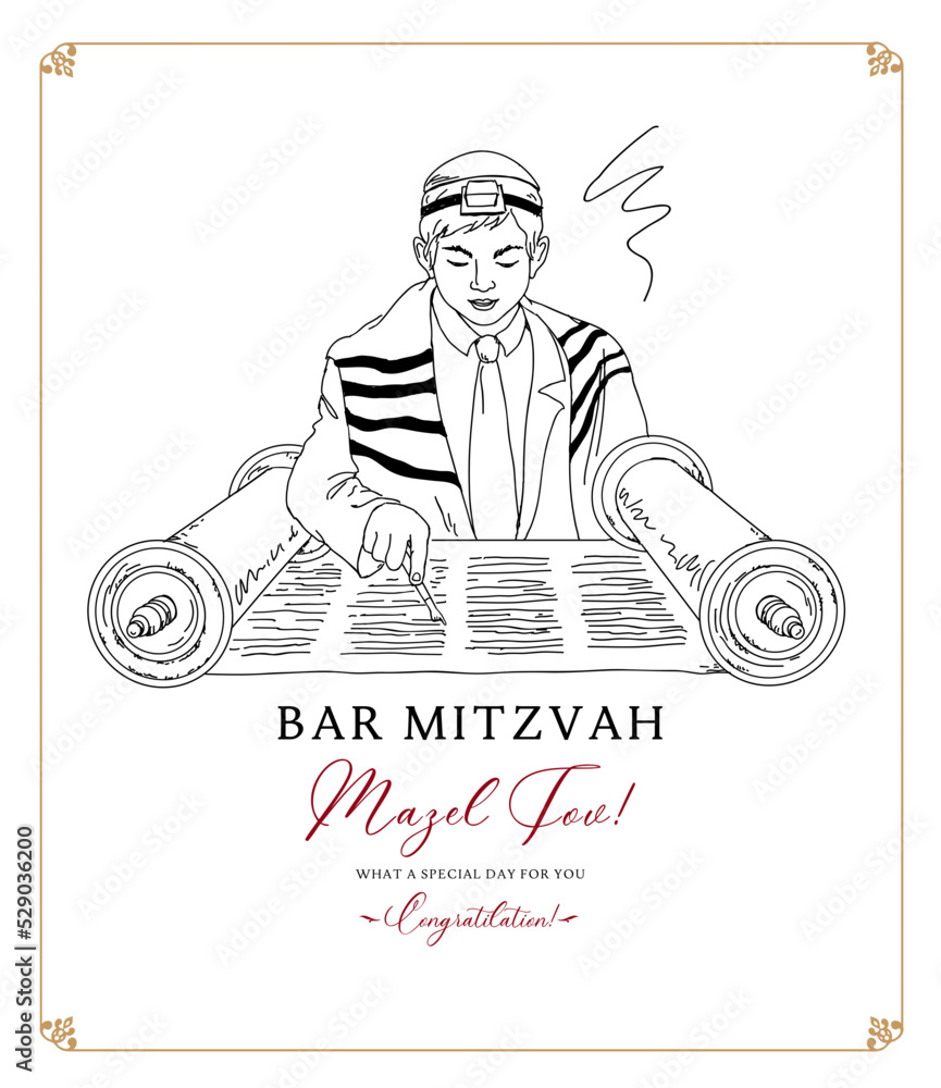 Jewish boy reading Torah scroll on Bar Mitzvah ceremony. Hand drawing ...