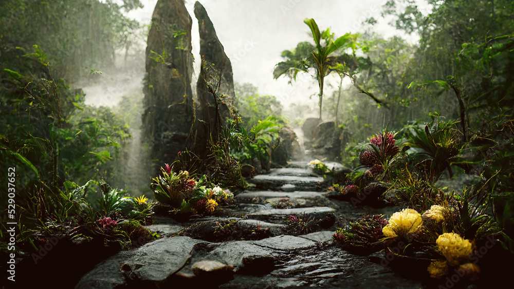 Stone path through rainforest jungle landscape Stock Illustration ...