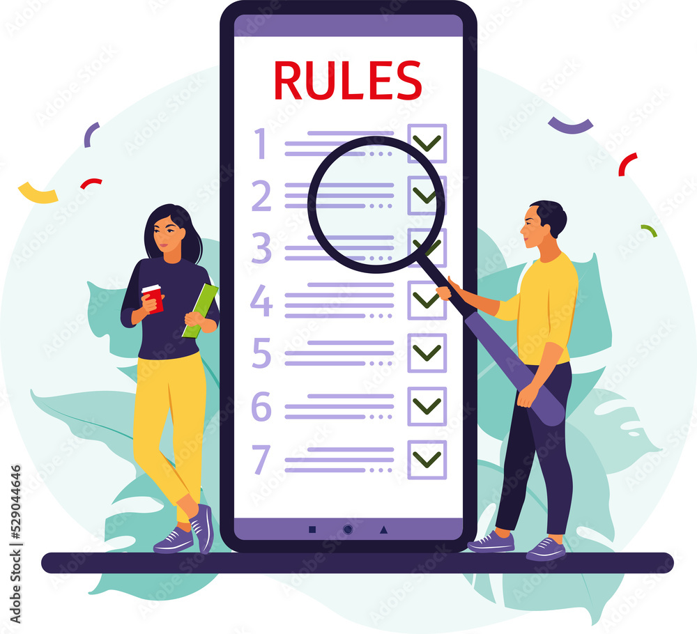 People studying list of rules, making checklist, reading guidance ...