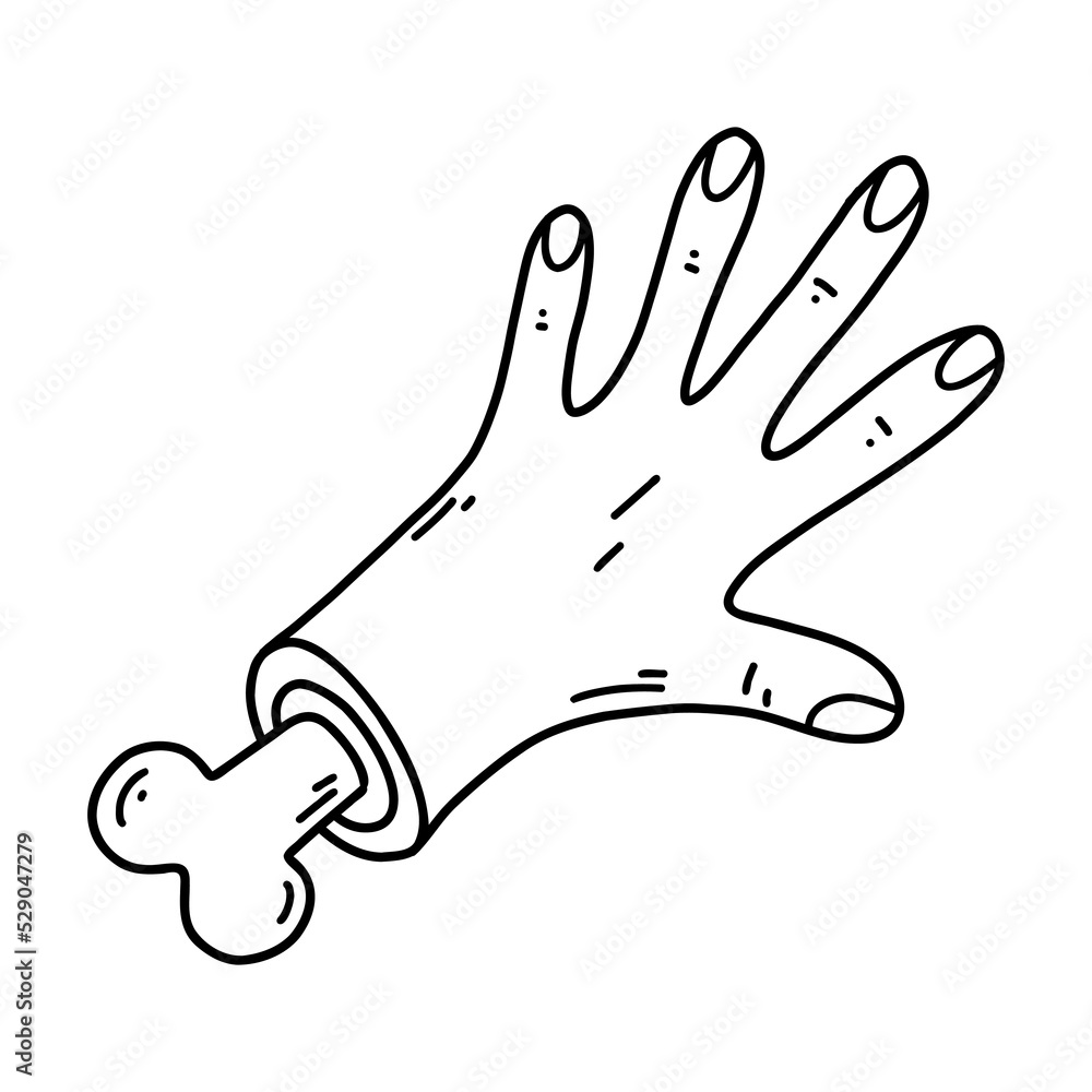 Hand drawn severed hand with protruding bone, Halloween doodle element ...