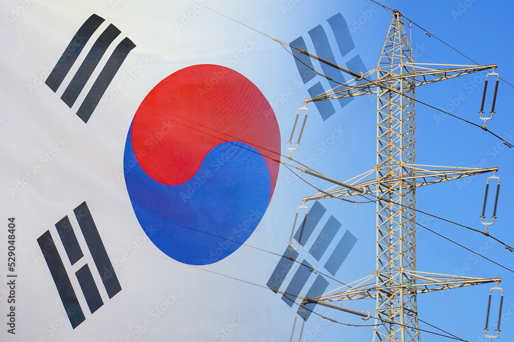 South Korea flag on electric pole background. Power shortage and increased energy consumption in ...