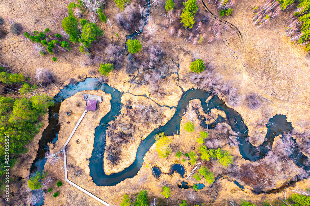 Aerial top down view plain river Psel during spring time. Beautiful ...