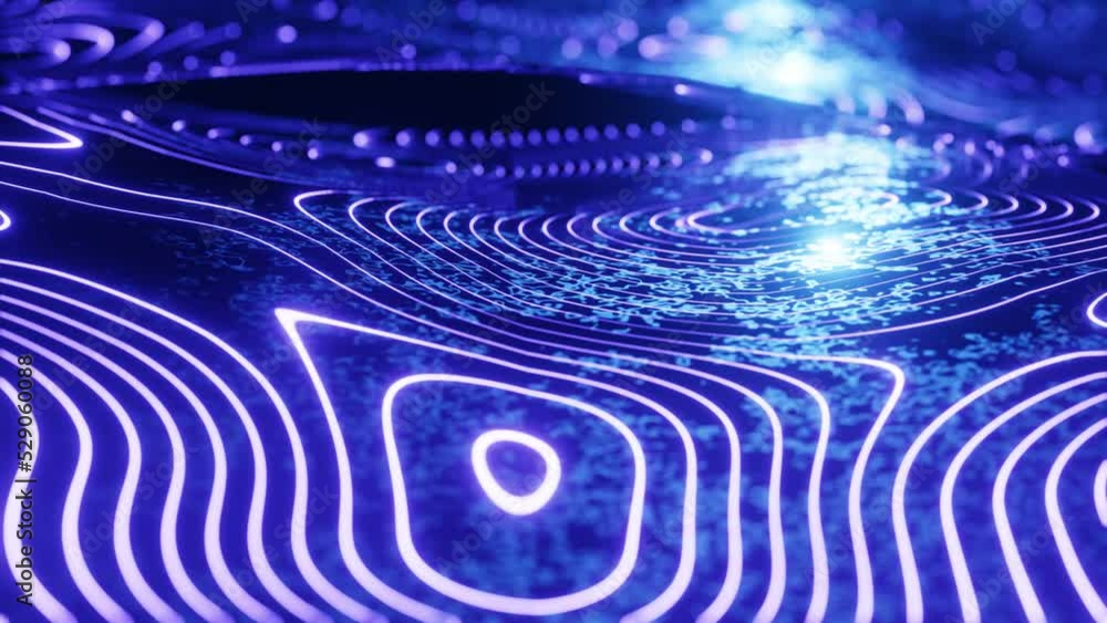 4k looped animation. Flight over hi tech pattern on plane surface, neon ...