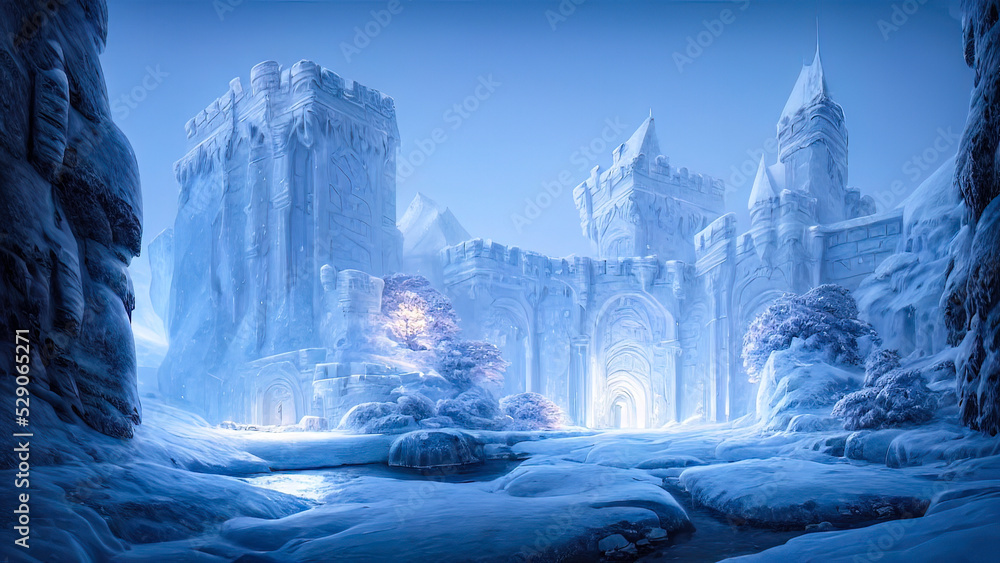 Ancient stone winter castle. Fantasy snowy landscape with a castle ...
