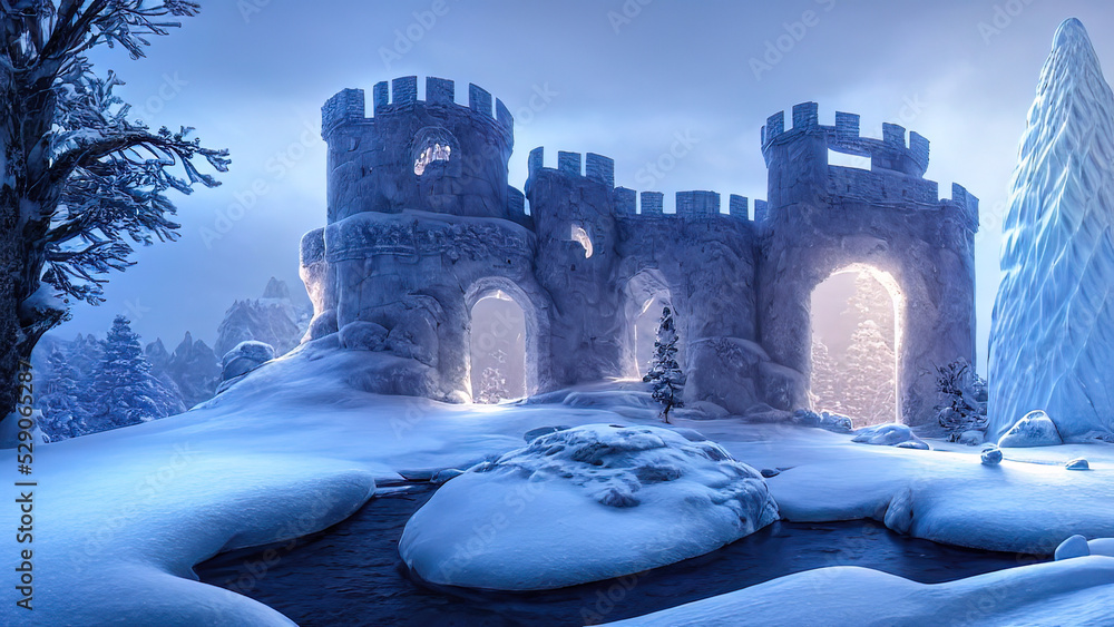 Ancient stone winter castle. Fantasy snowy landscape with a castle ...