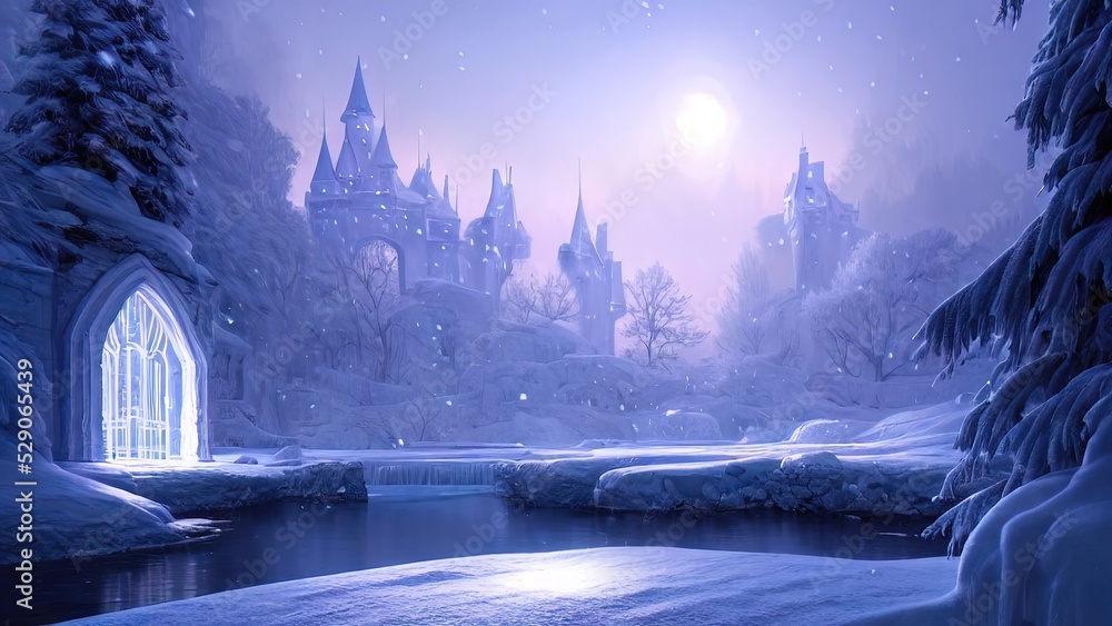 Ancient stone winter castle. Fantasy snowy landscape with a castle ...