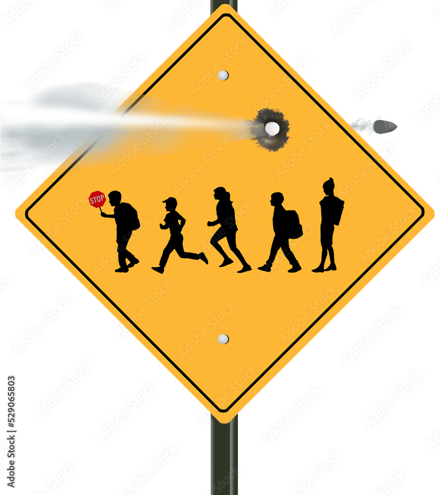 A bullet hole is seen in a school crossing sign in a 3-d illustration ...
