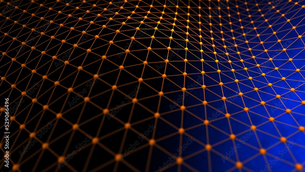 Yellow atom structure on black-white background under spot light ...