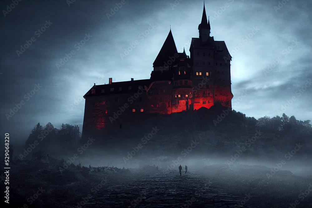 Spooky Dracula castle, Painting of haunted mansion Stock Illustration ...