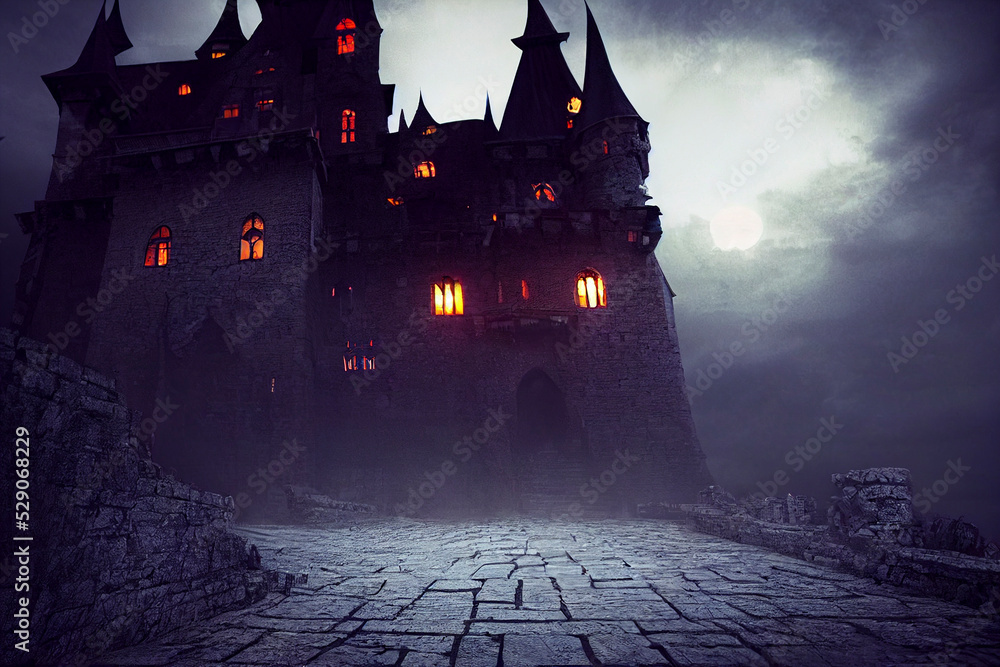 Spooky Dracula castle, Painting of haunted mansion Stock Illustration ...
