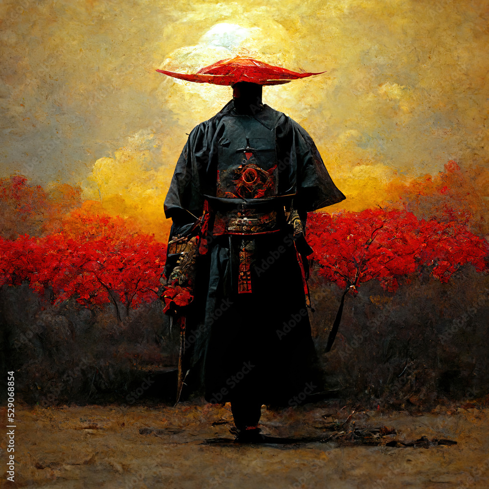 Japanese samurai standing in front of red sun, ultra realistic ...