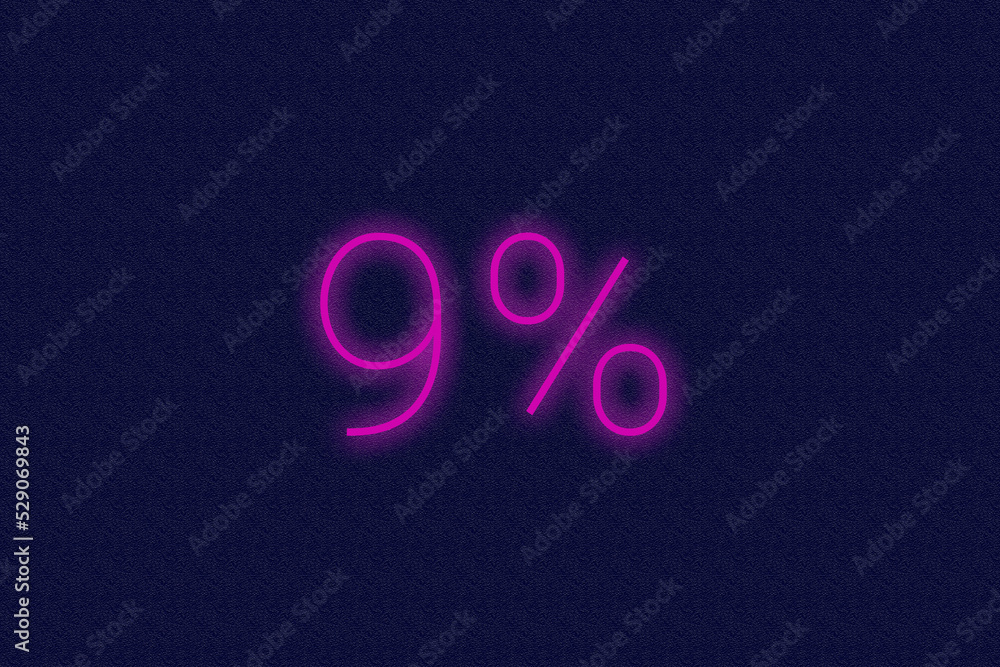 9% percent logo. nine percent neon sign. Number nine on dark purple ...