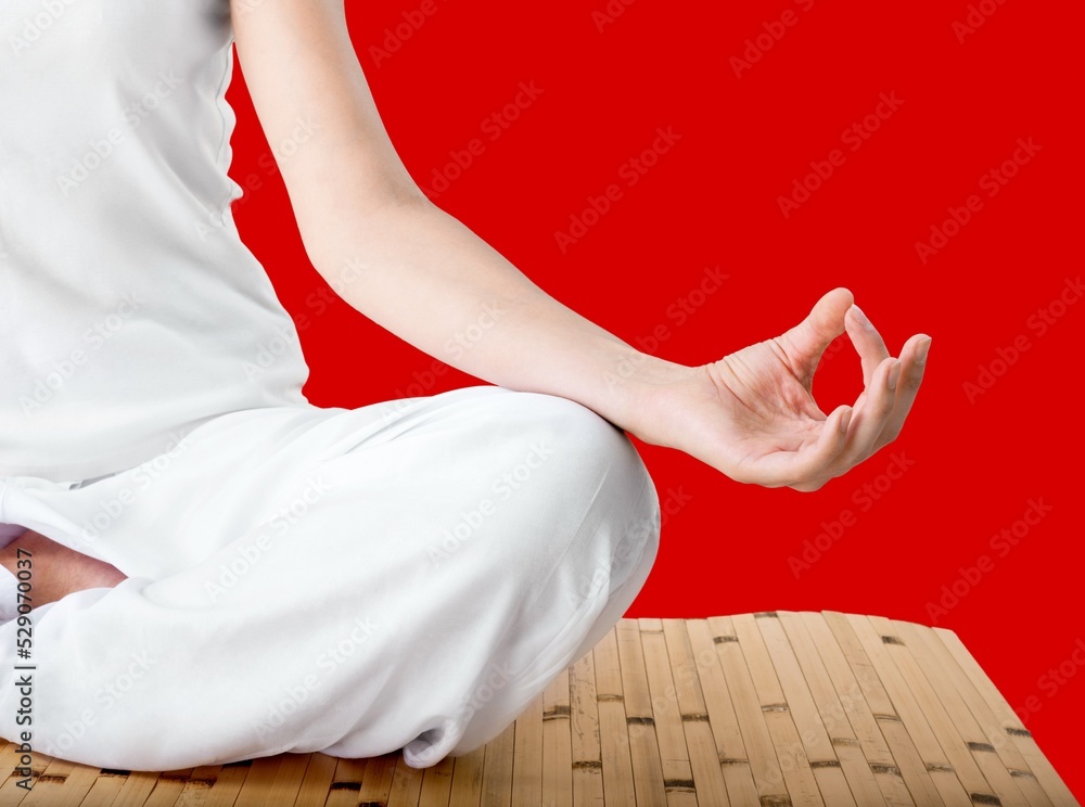 Girl feeling zen. Cute girl meditating unite with nature, hold hands ...