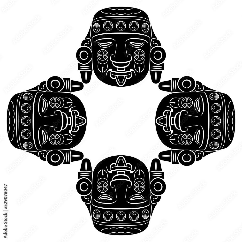 Square ethnic frame with four Aztec masks. Head a moon goddess. Pre ...