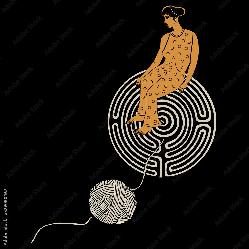 Ancient Greek woman sitting on a round spiral maze or labyrinth symbol ...