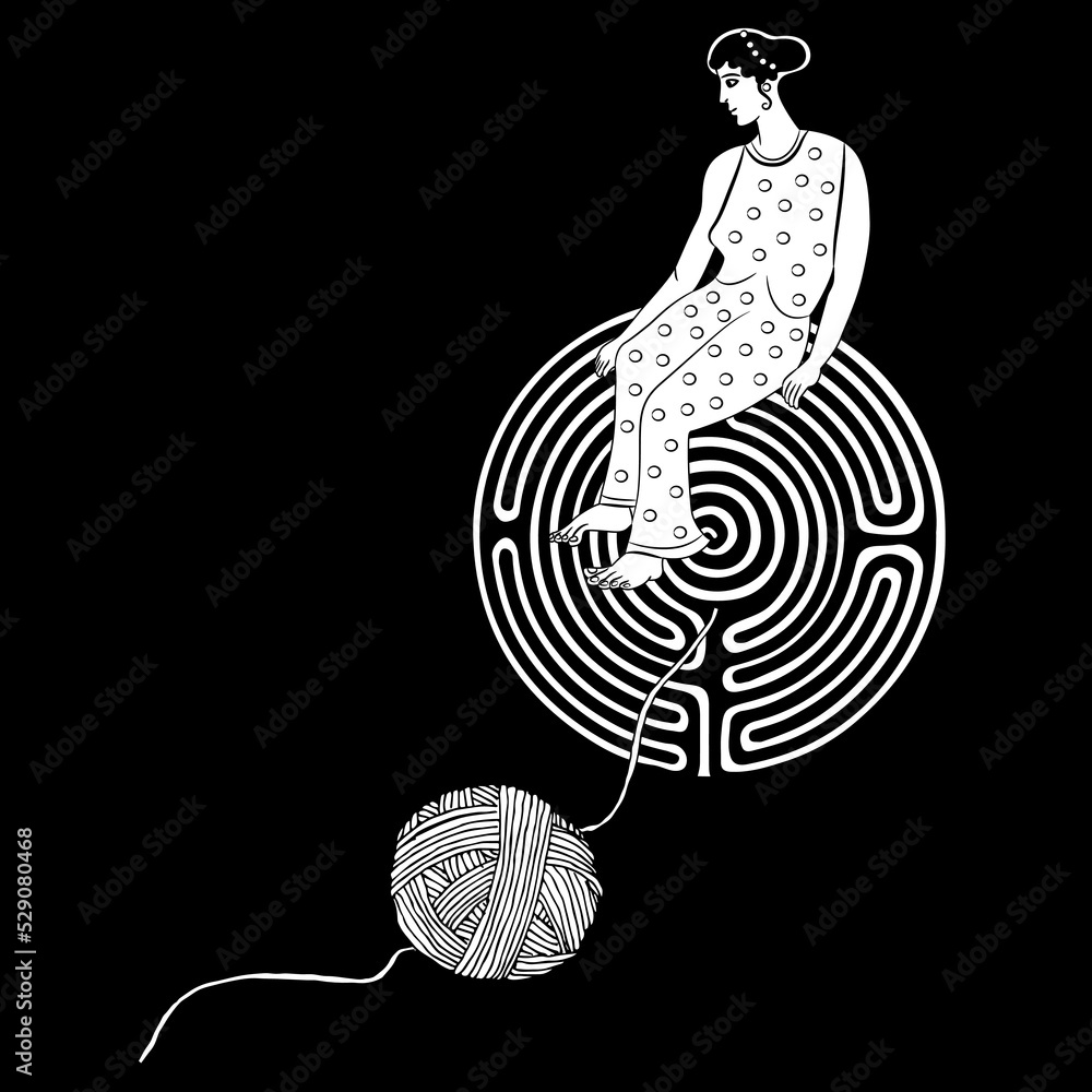 Ancient Greek woman sitting on a round spiral maze or labyrinth symbol ...