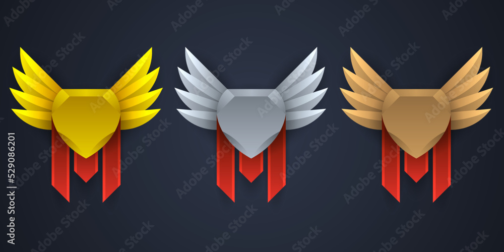 Fantasy gold, silver and bronze medal badge with wings and red flag for ...