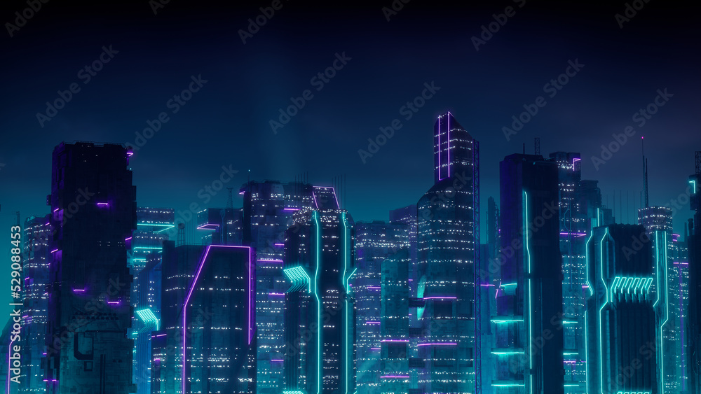 Cyberpunk Cityscape with Purple and Cyan Neon lights. Night scene with ...