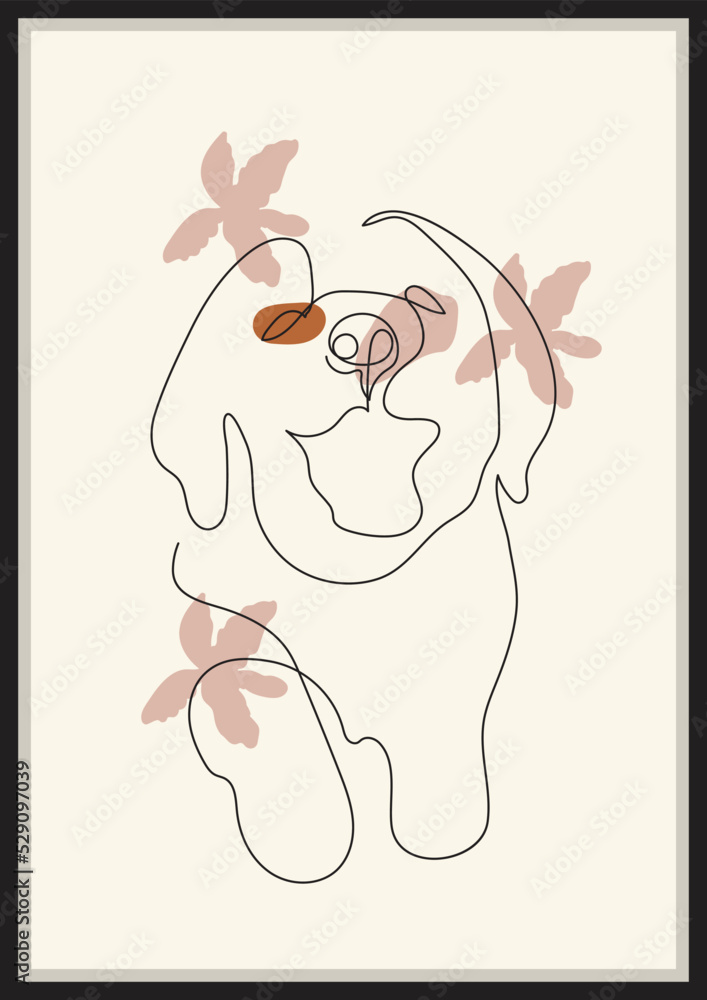 Cute happy dog face minimal line art boho hand drawn illustration one ...