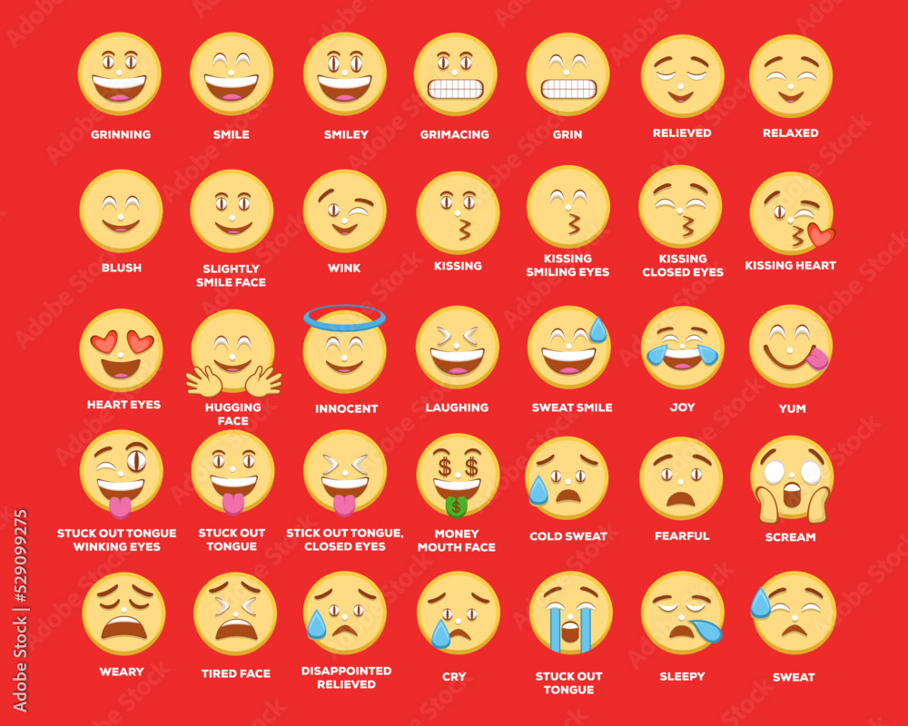 Big set of emoticon smile icons. Cartoon emoji set. Vector emoticon set ...