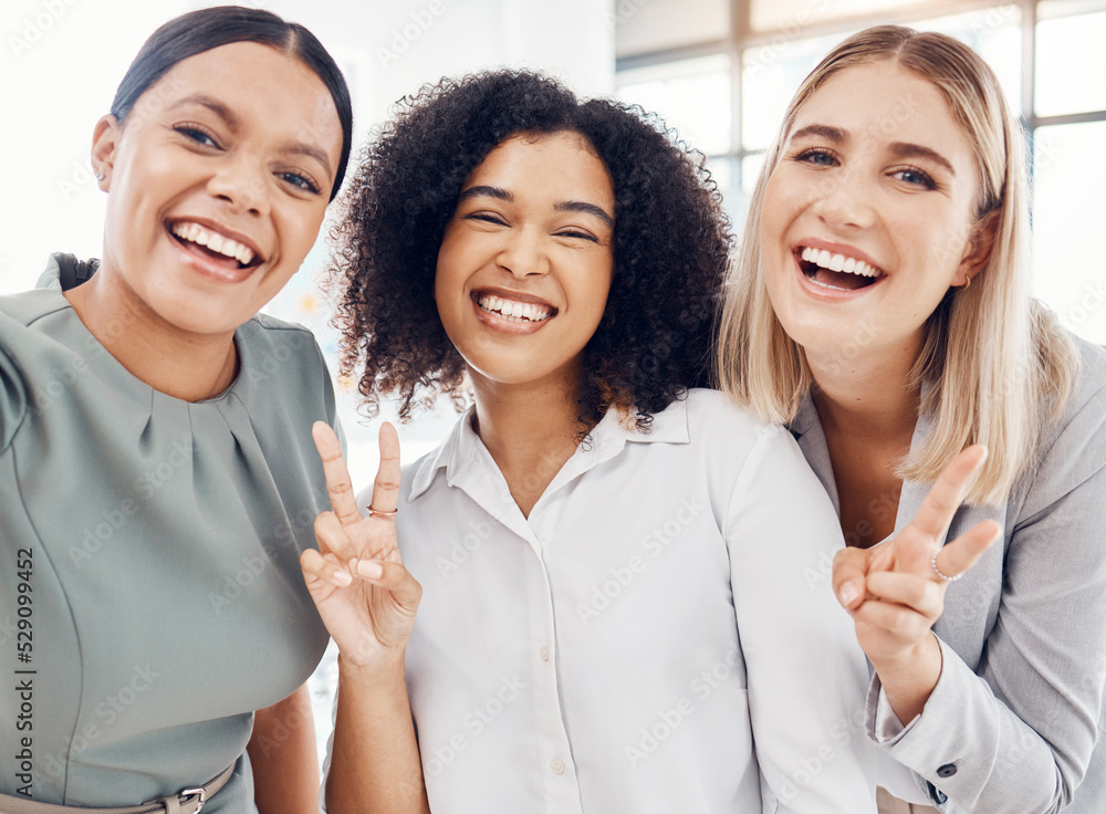 Selfie, team and portrait of business women happy, smile and silly ...