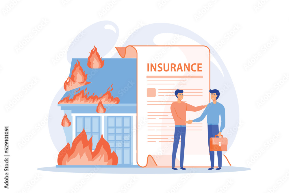 Burn house, flaming building. Insurance agent and customer flat ...