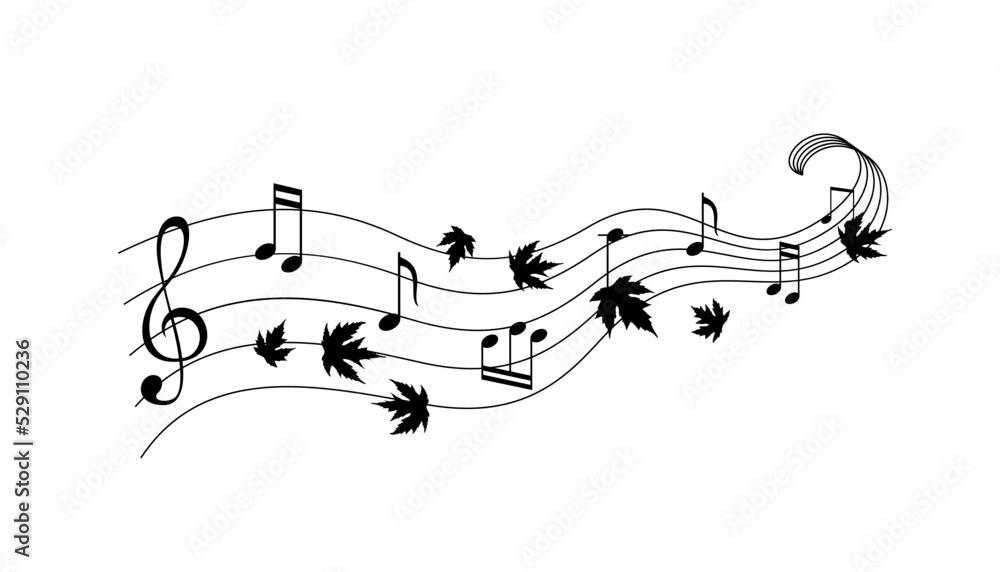 Music notes with flying maple leaves. Vector decoration from scattered ...