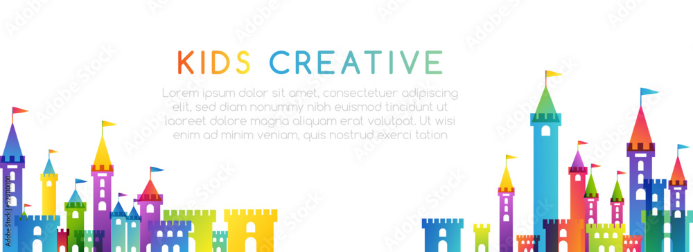 Kids imagination castle. Colorful childhood fantasy fort with rainbow ...