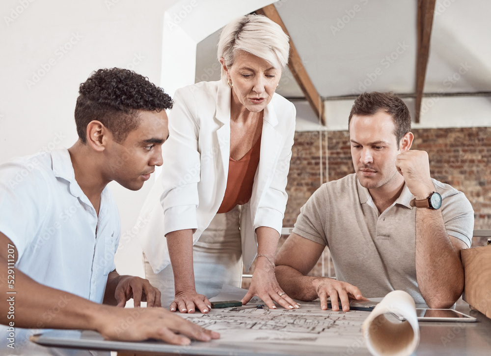 Architect team, blueprint and collaboration in meeting for architecture ...
