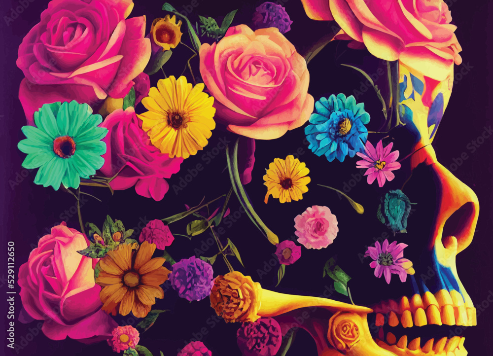 A skull of "Dia de los muertos" with flowers, bright colours, abstract ...