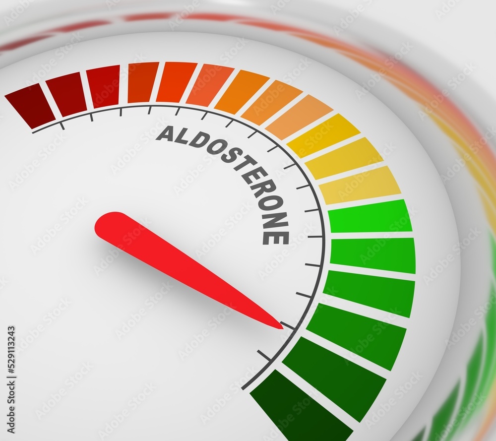 Abstract meter with scale reading high level of aldosterone ...