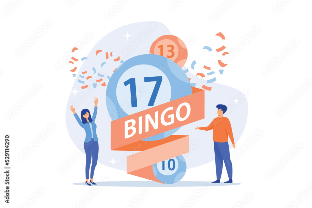 Businessman and woman winners and bingo lottery balls with lucky ...