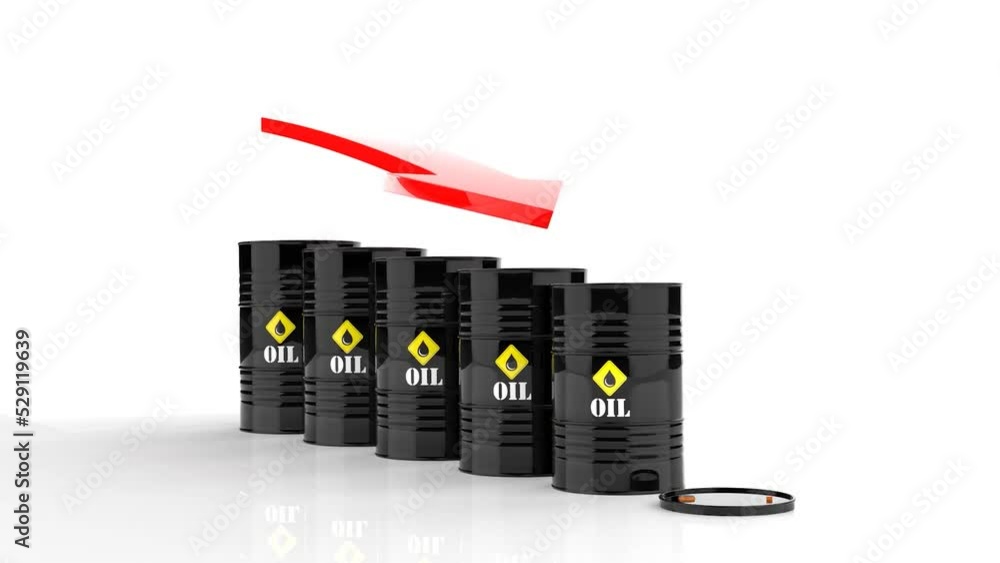 Crude Oil falling price with Black barrels. 3D rendered animation of ...
