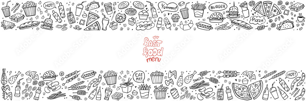 Banner of set of fast food doodles on white. Vector illustration ...