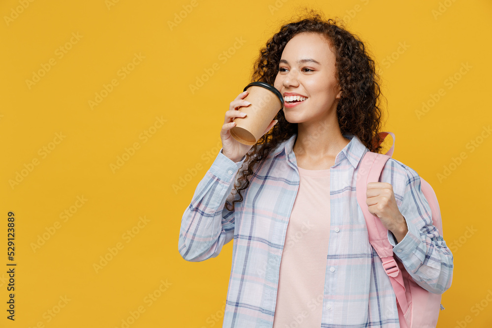 Young black teen girl student she wear casual clothes backpack bag hold ...