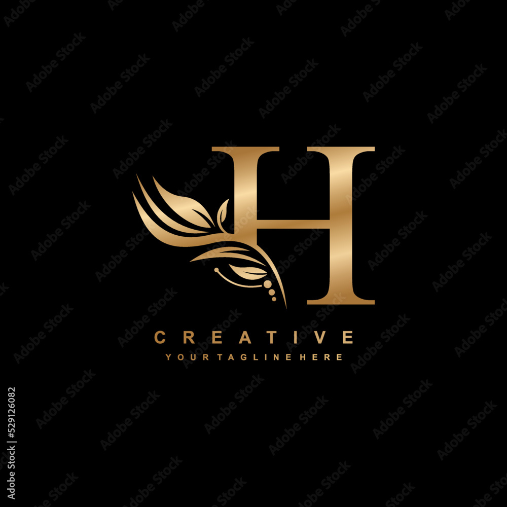 gold letter H logo design with luxurious and beautiful leaf ornament. H ...