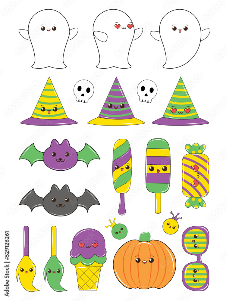 Cute Kawaii Halloween Character set. Halloween kawaii clipart and ...