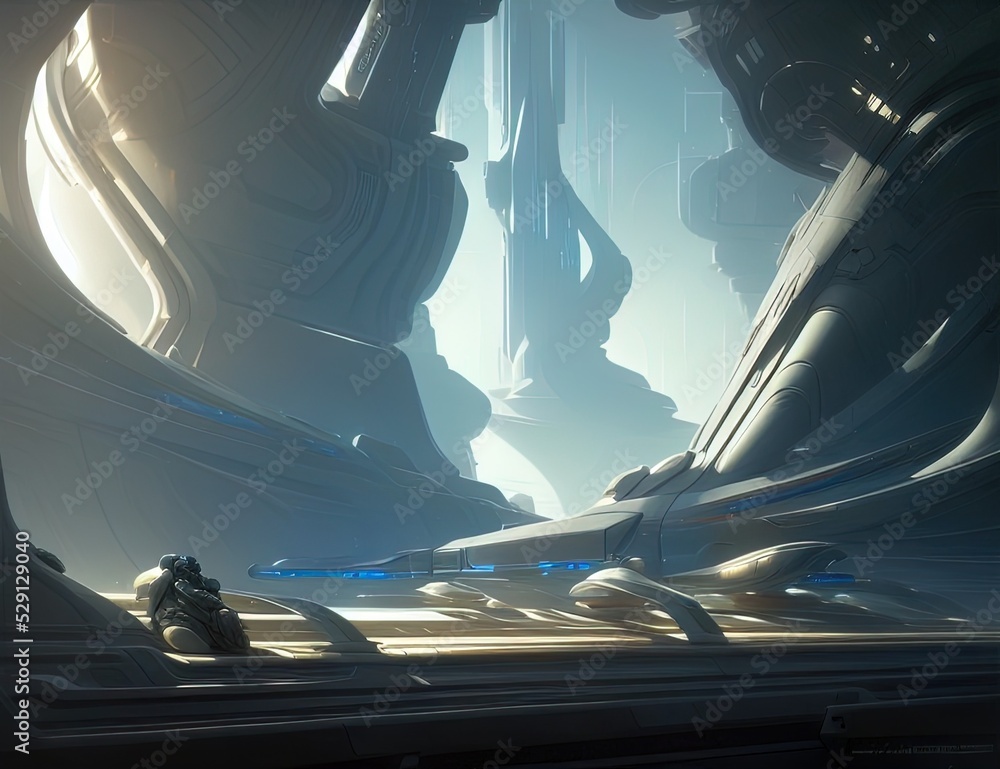 Light and clean futuristic city street in a white haze. Concept of a ...