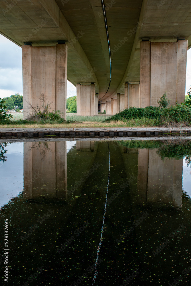 A bridge from underneath reflected in water. A dividing line between ...