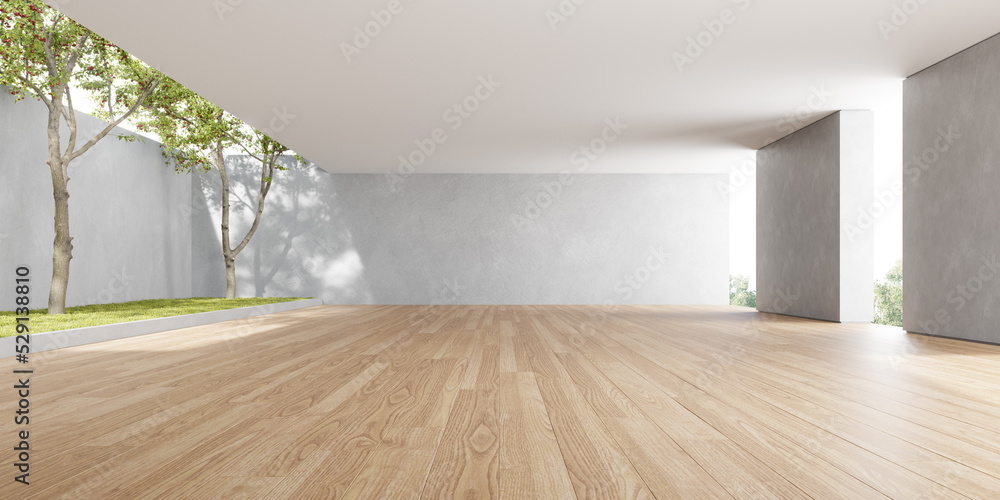 3d rendering of empty room with wooden floor and concrete wall. Stock ...