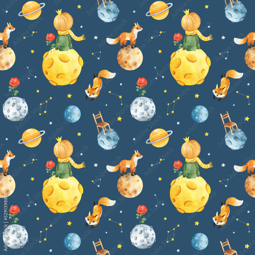 Cute Little Prince collection. Seamless dark texture with watercolor ...
