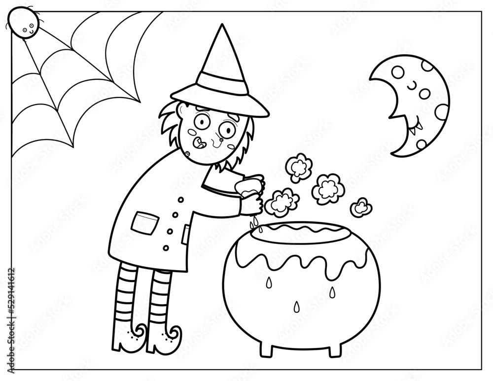 Halloween coloring page with a cute witch brewing a potion in a ...