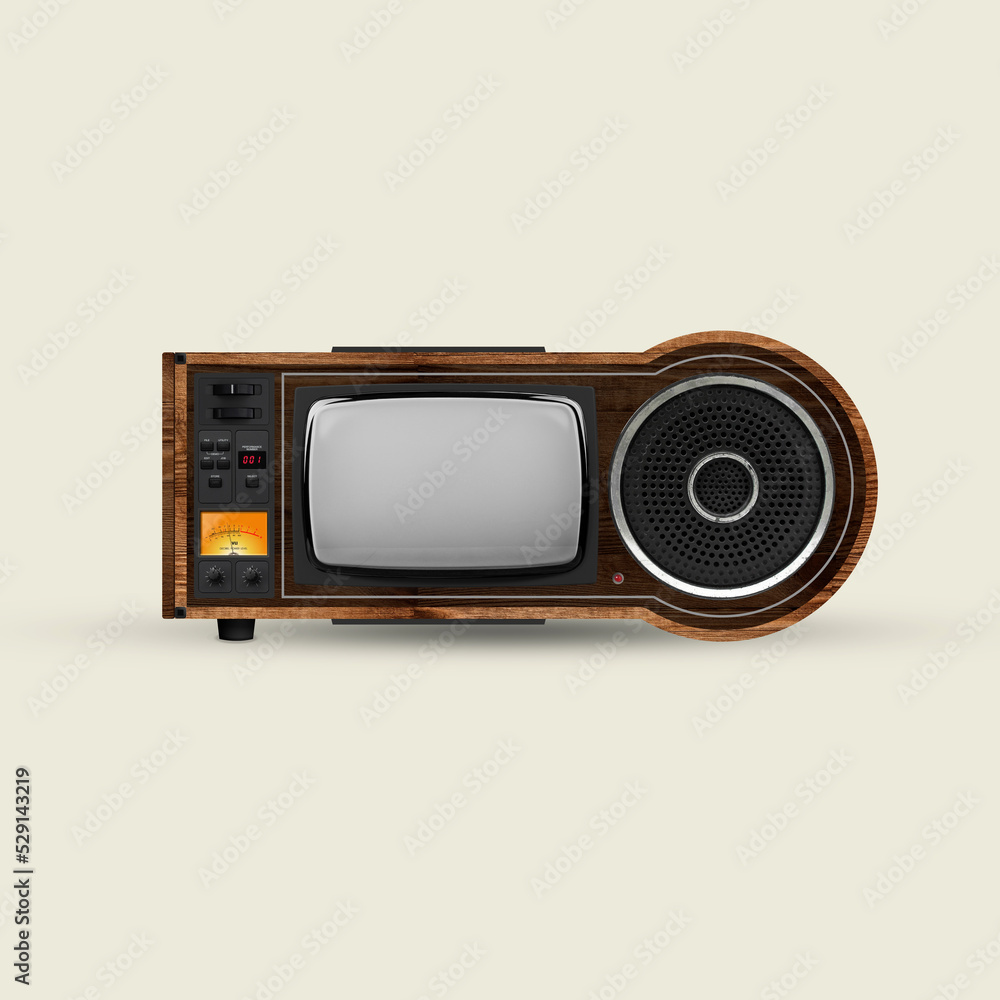 Fictional, created model of retro tv set with blank grey screen ...