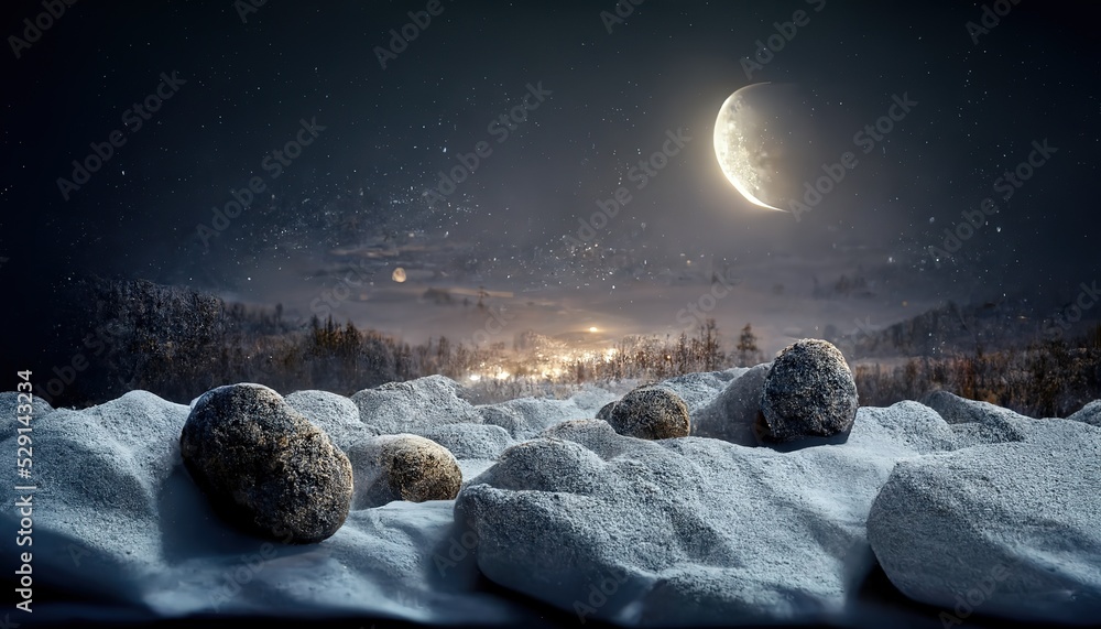 Winter night landscape with a full moon in the sky with stars over a ...