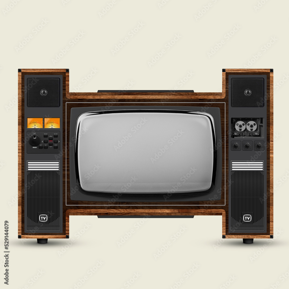 Retrofit. Fictional, created model of retro tv set with blank grey ...
