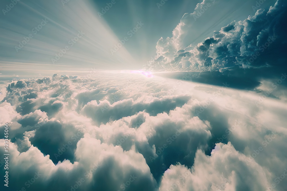 sun rays shine through the clouds, ethereal calm peace background ...
