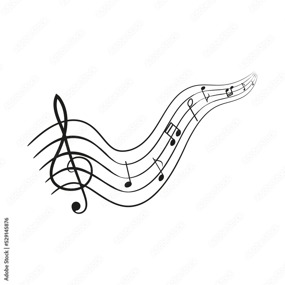 Hand drawn black music staff and various notes wave design isolated on ...